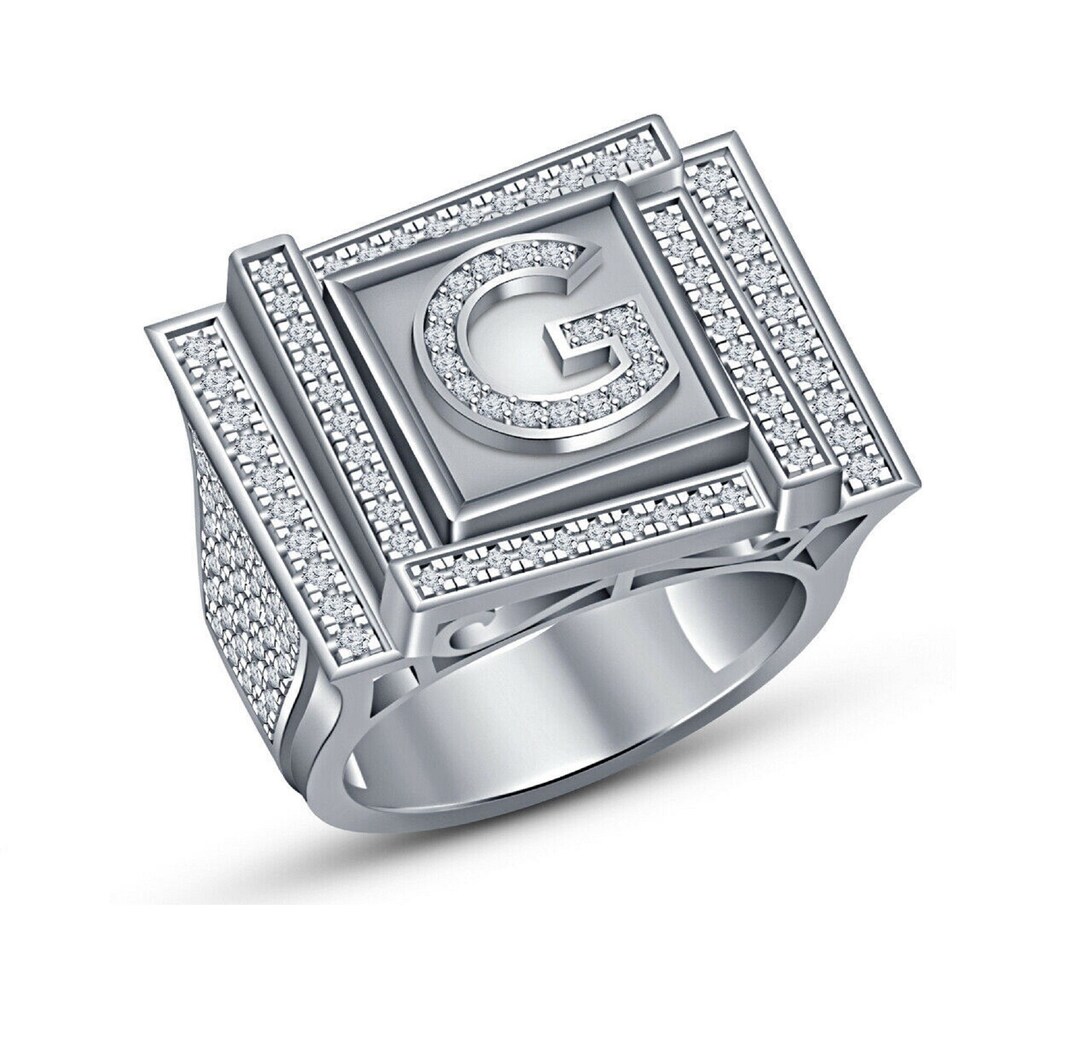 Mensg Alphabet Pinky Ring, White Gold Plated 925 Silver Ring for Men ...