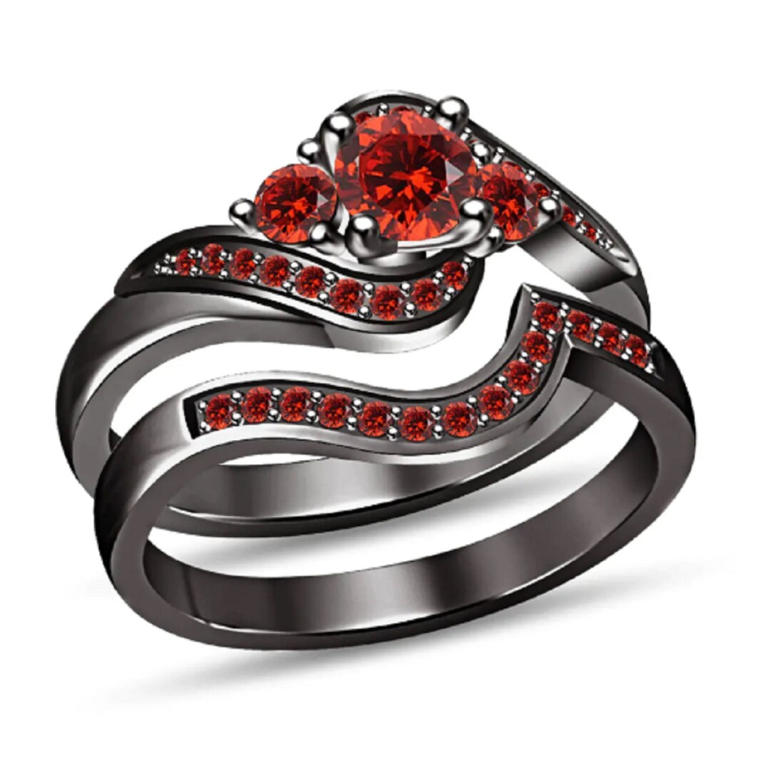 Round Cut Red Garnet Engagement Ring Set, 925 Sterling Silver Black ...