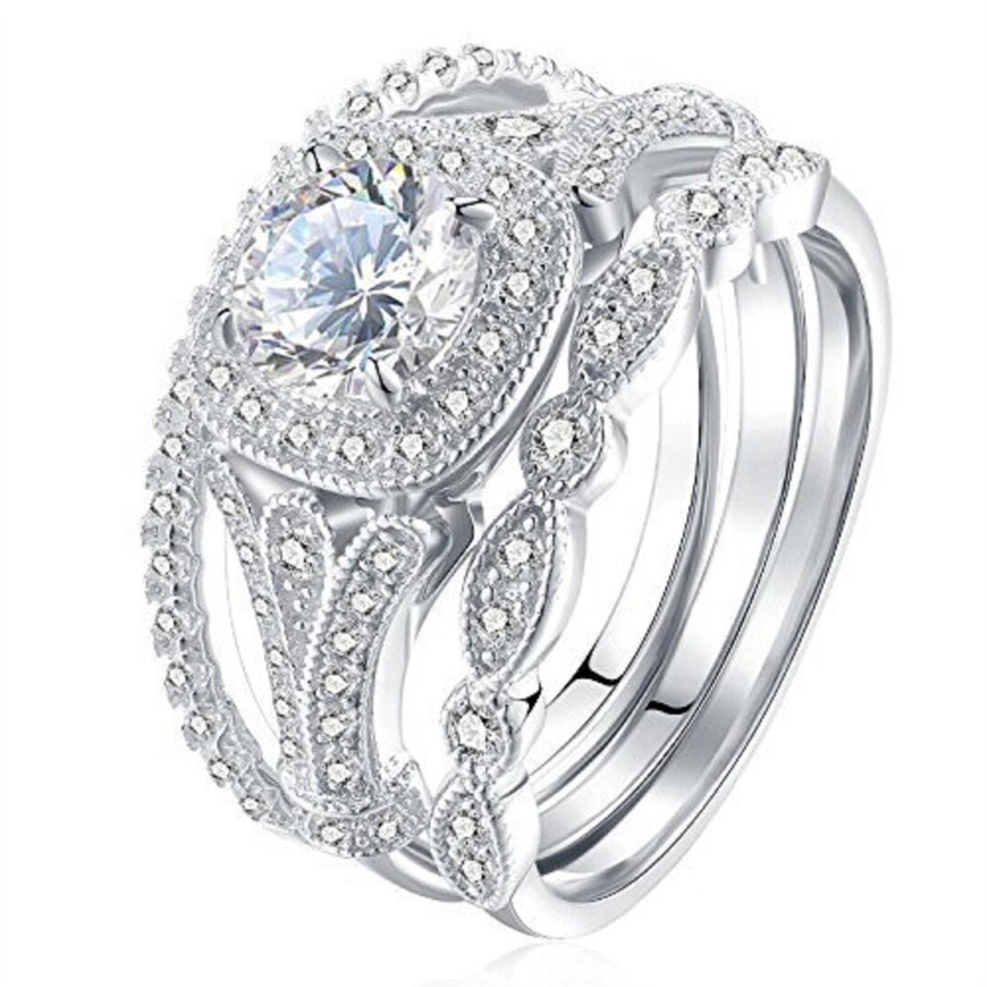 CZ Sterling Silver Bridal Ring Set - Art Deco Engagement - Etsy