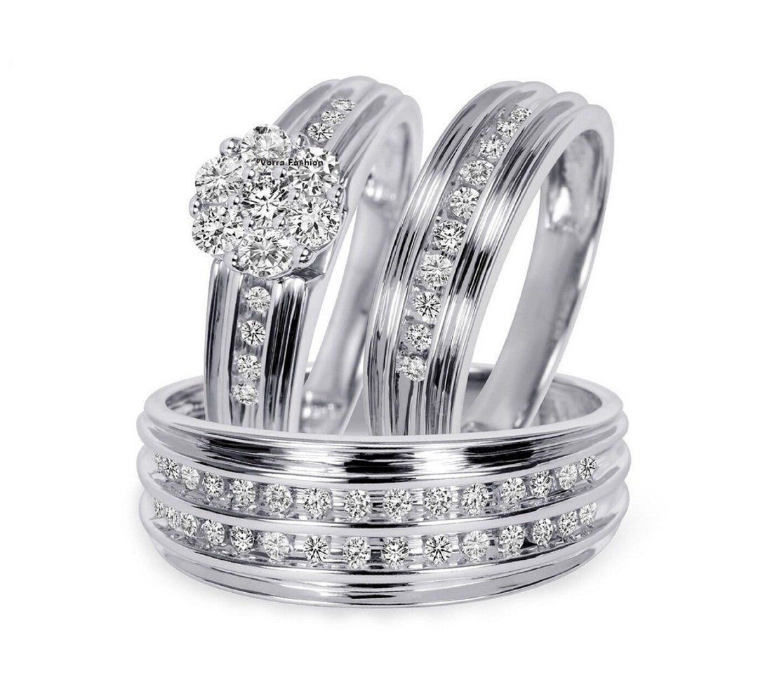 CZ Sterling Silver Wedding Trio Ring Set - Art Deco Promise Rings - Etsy