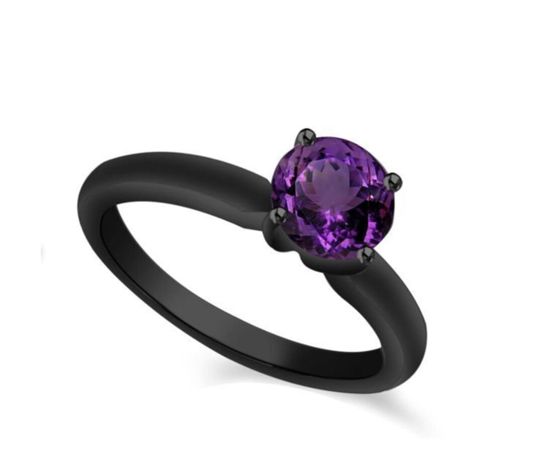 Round Cut Solitaire Purple Amethyst Engagement Ring: Black Gold Finish ...