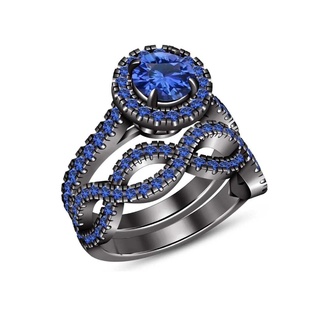 Blue Sapphire Infinity Engagement Ring Set, Unique Black Gold Plated ...