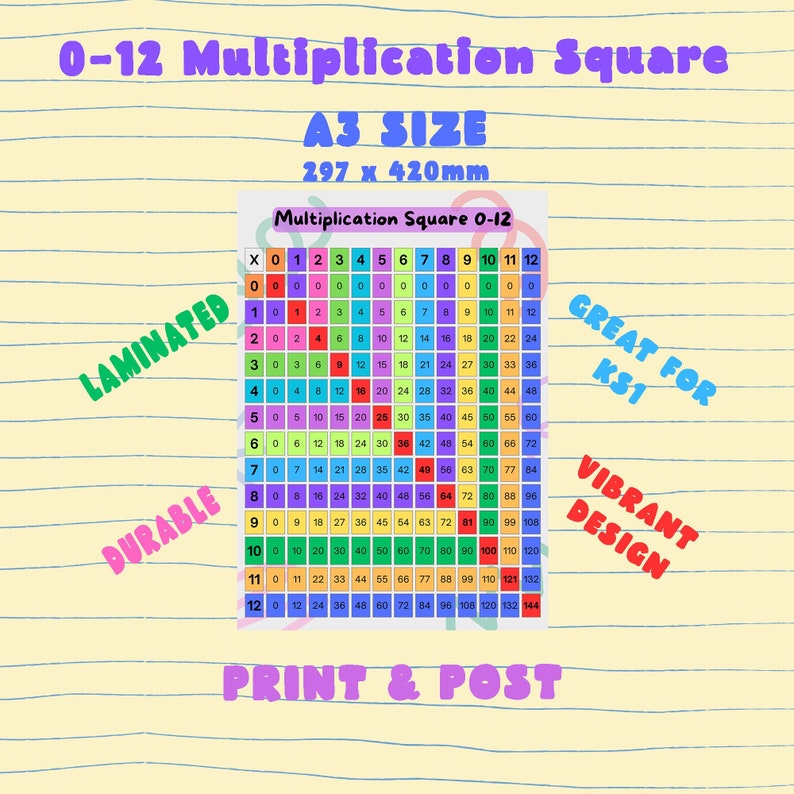 0-12 Maths Multiplication Square A3 Wall Chart Kids Times - Etsy
