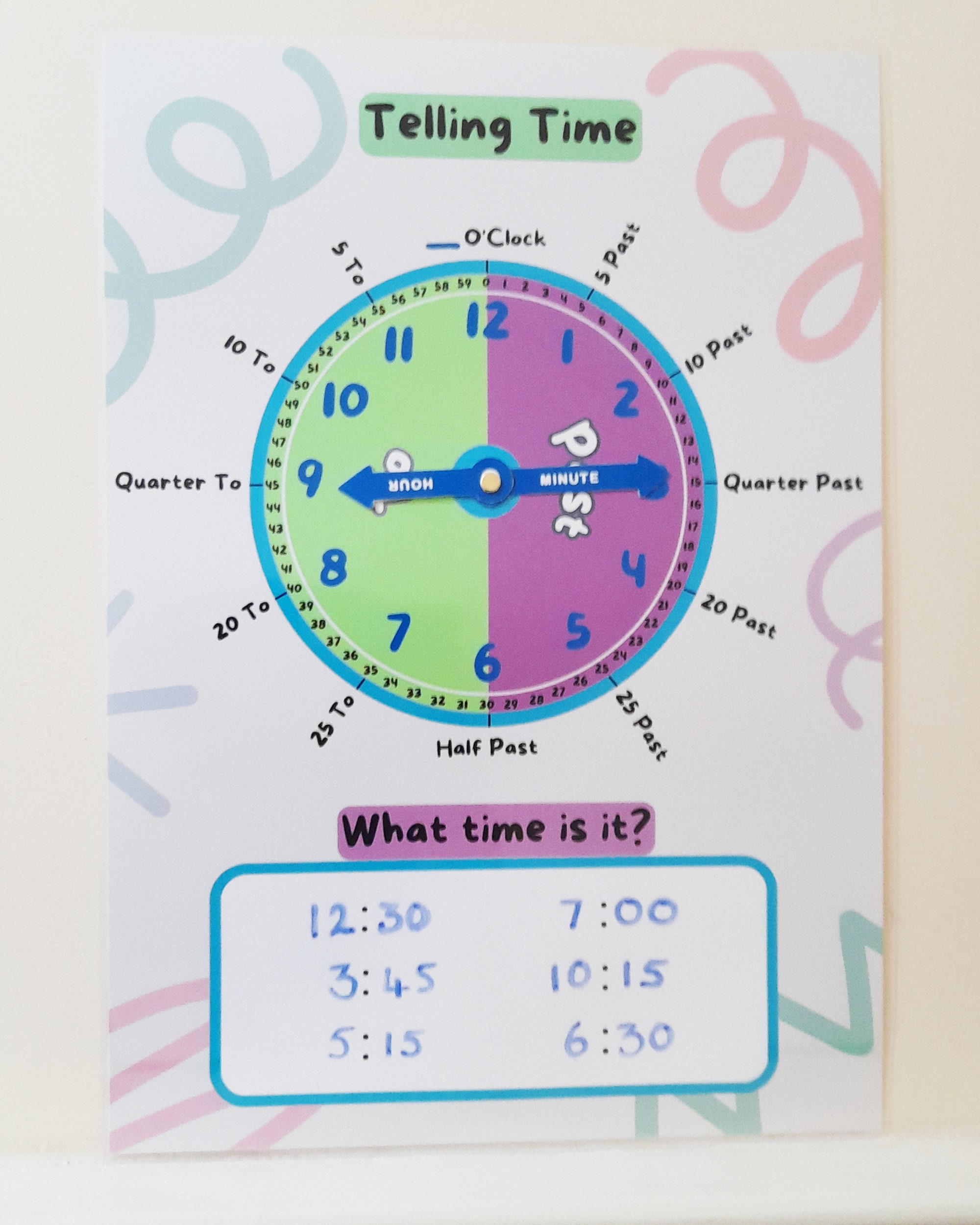 Telling Time A3 Wall Chart, Kids Clock Poster, KS1 Kids Interactive ...