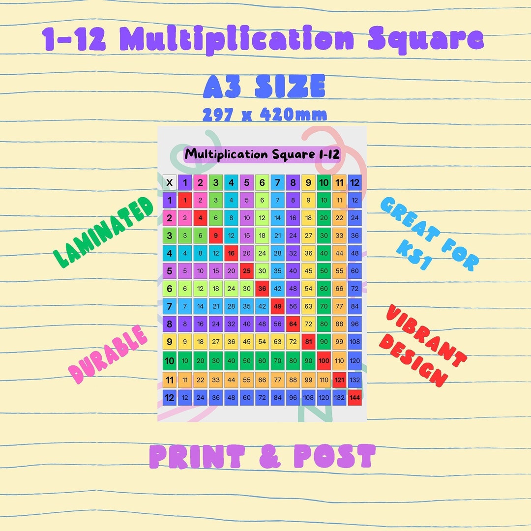 1-12 Maths Multiplication Square A3 Wall Chart, Kids Times Table Poster ...
