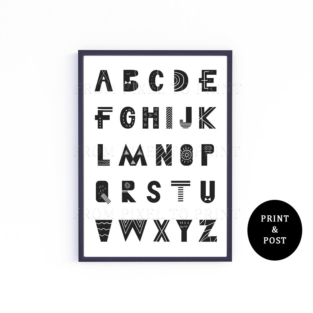 132. Scandi Alphabet - Cute Black & White Nursery Wall Art Print ...