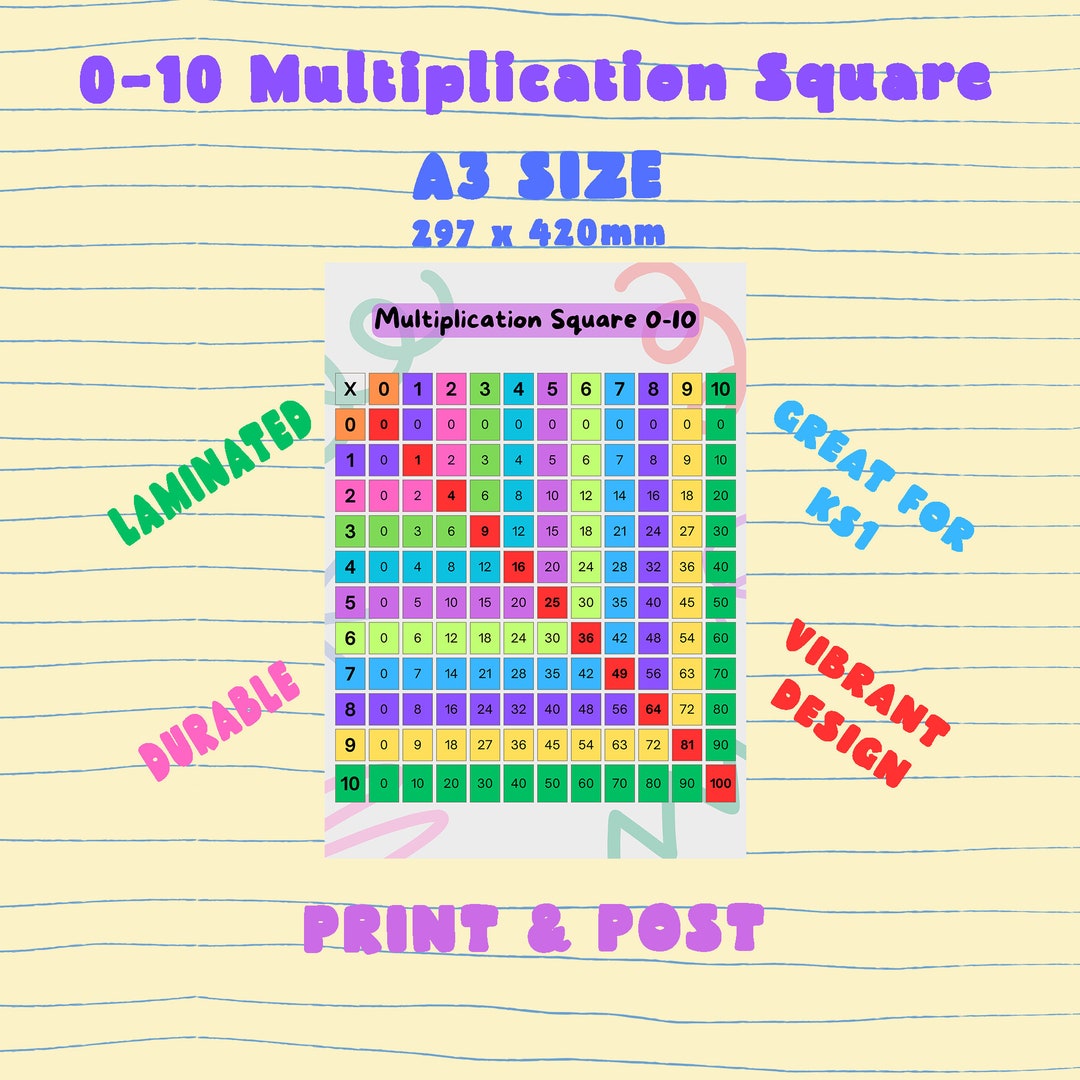 0-10 Maths Multiplication Square A3 Wall Chart, Kids Times Table Poster ...