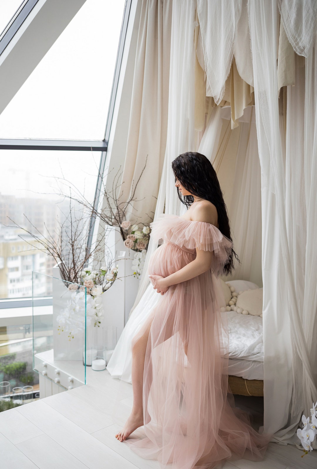 Negligee for Pregnant Women. Long Maternity Robe. Bathrobe With Tulle ...