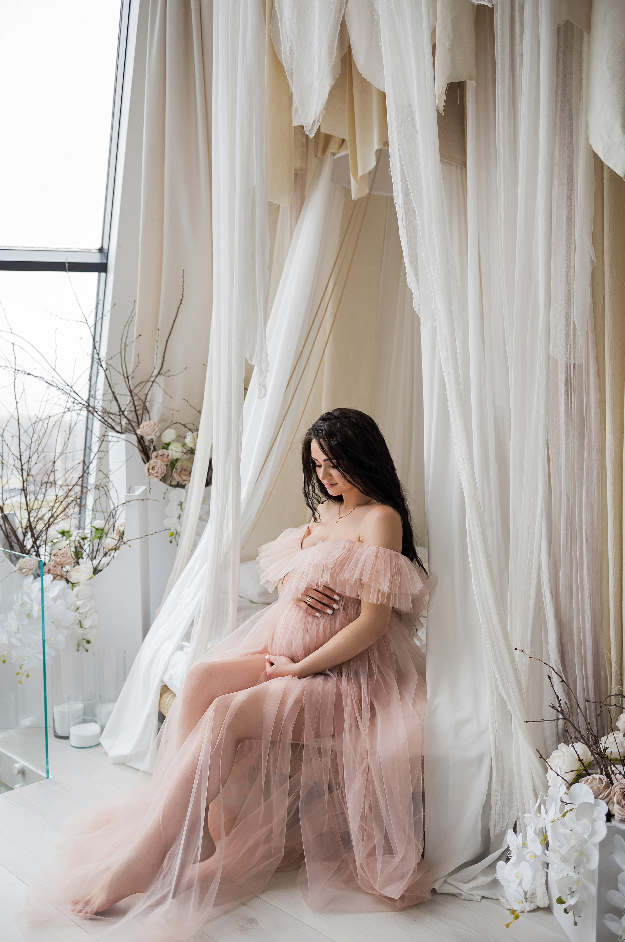 Negligee for Pregnant Women. Long Maternity Robe. Bathrobe With Tulle ...