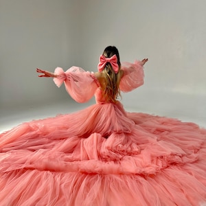 Chic Peach Wedding Dress,big Pink Dress With Lots of Ruffles,soft Mesh ...
