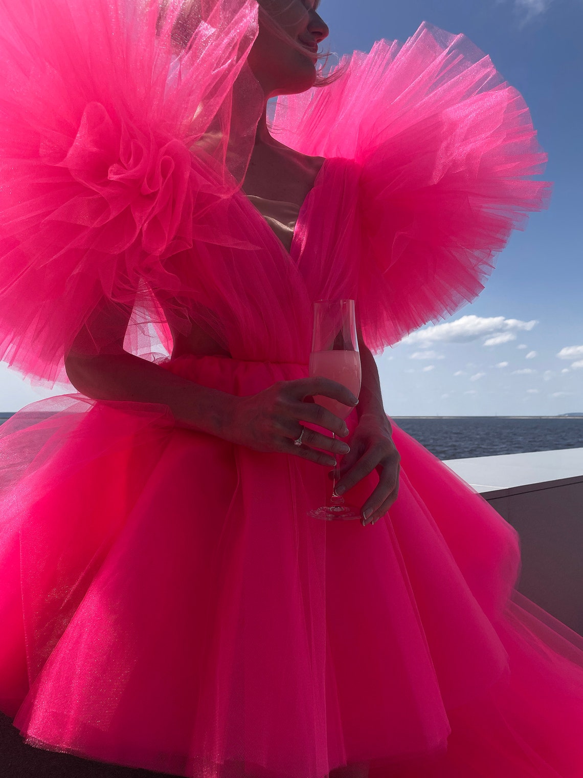 Fluffy Pink Dress With a Train,neon Dress,puffy Dress With Pom-poms ...