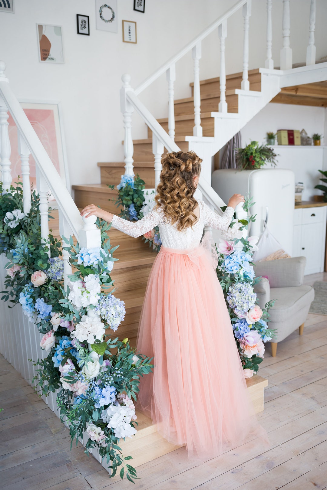 Puffy Peach Dress Lace Dress for Girls. Pink Dress for the Flower Girl ...