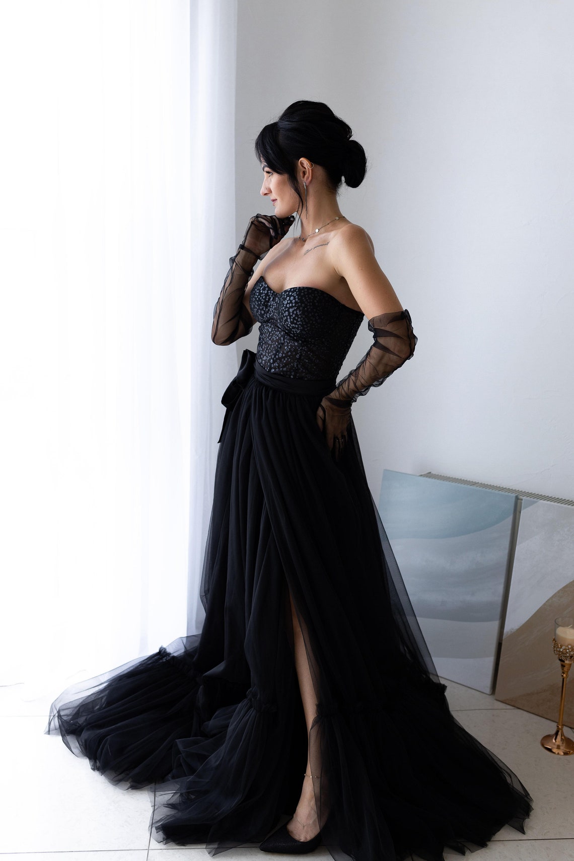 Black Gothic Dress.long Dress With Shiny Corset.black Skirt With Train.dress With Puff Sleeves ...