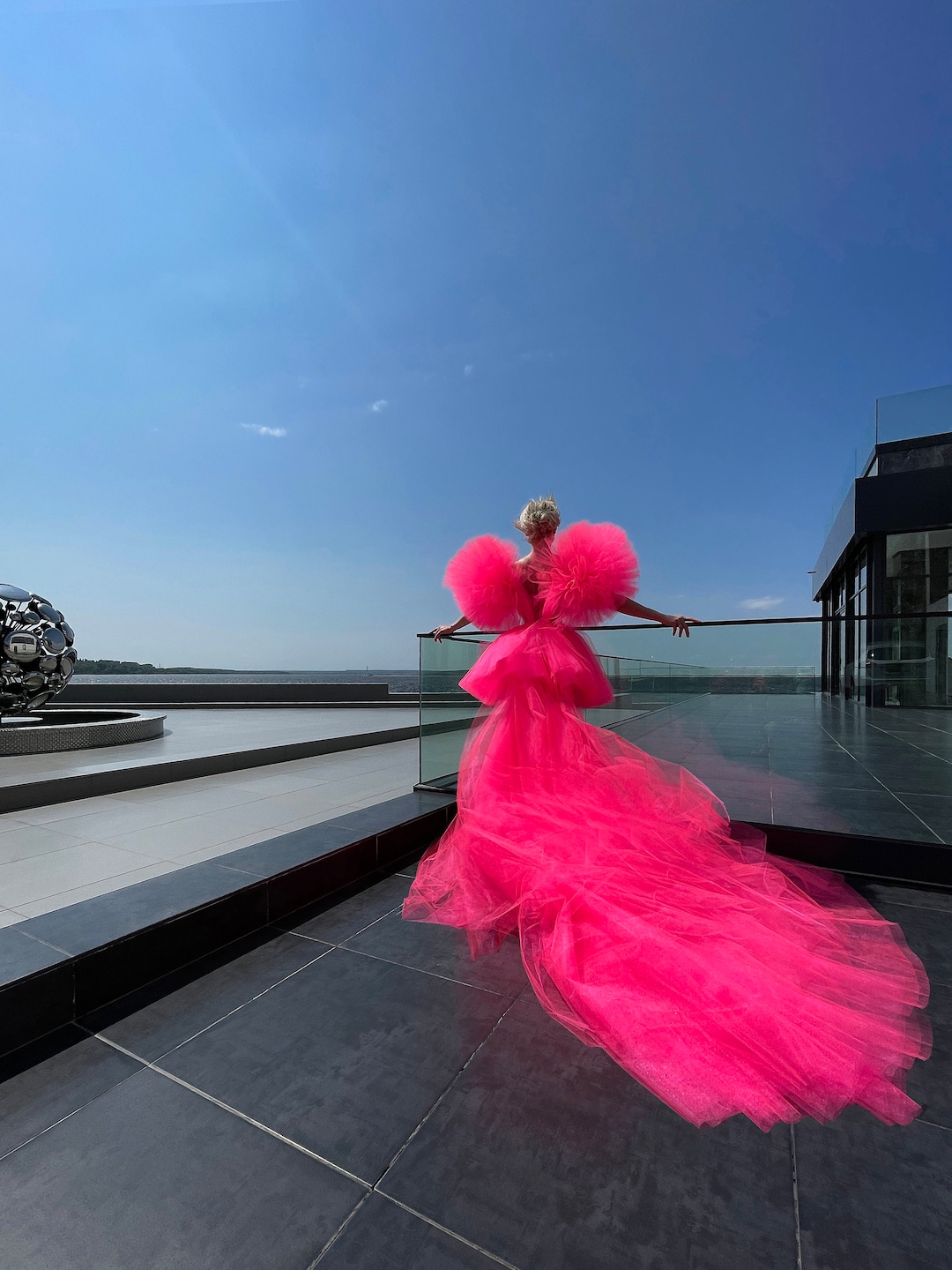 Fluffy Pink Dress With a Train,neon Dress,puffy Dress With Pom-poms ...
