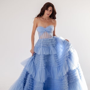 Puffy Tulle Dress Ruffled Dressespuffy Blue Dress Elegant Dress for ...