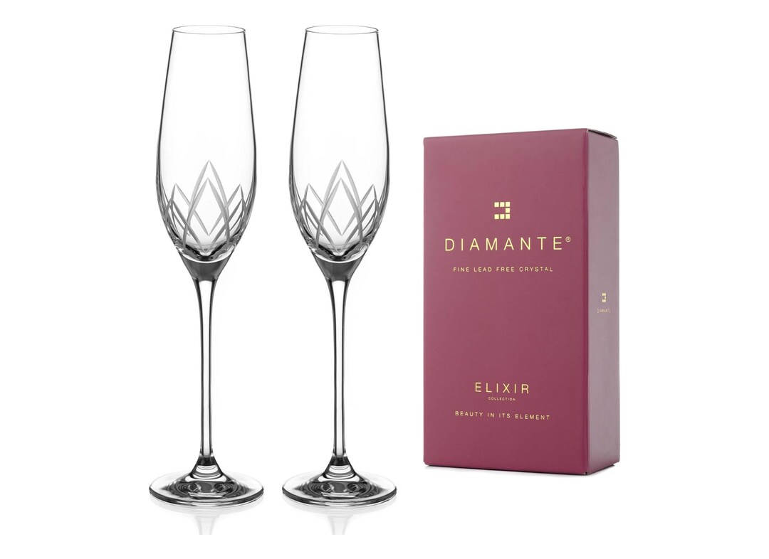 DIAMANTE Champagne Flutes Pair – ‘lotus’ Collection Hand Cut Crystal ...