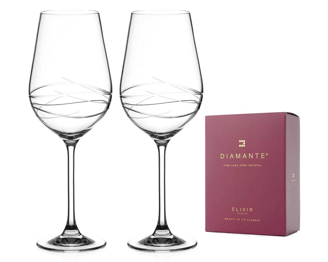 DIAMANTE Red Wine Glasses venice Collection Hand Cut Crystal Set of 2 ...