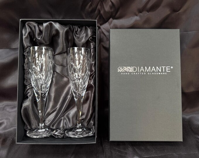 Set of 2 Crystal Champagne Flute Glasses | Hand Cut | Gift Boxed ...