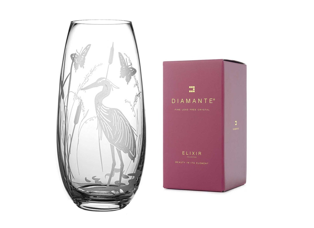 DIAMANTE Barrel Shaped Crystal Vase "heron" - Etched Bird Decoration ...