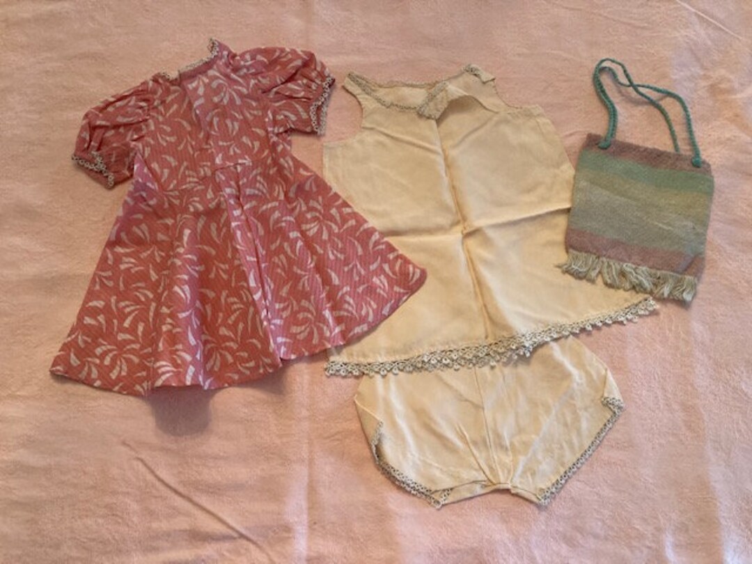 Grouping of 3 Vintage Doll Garments, Circa 1930: Dress, Romper, Purse ...