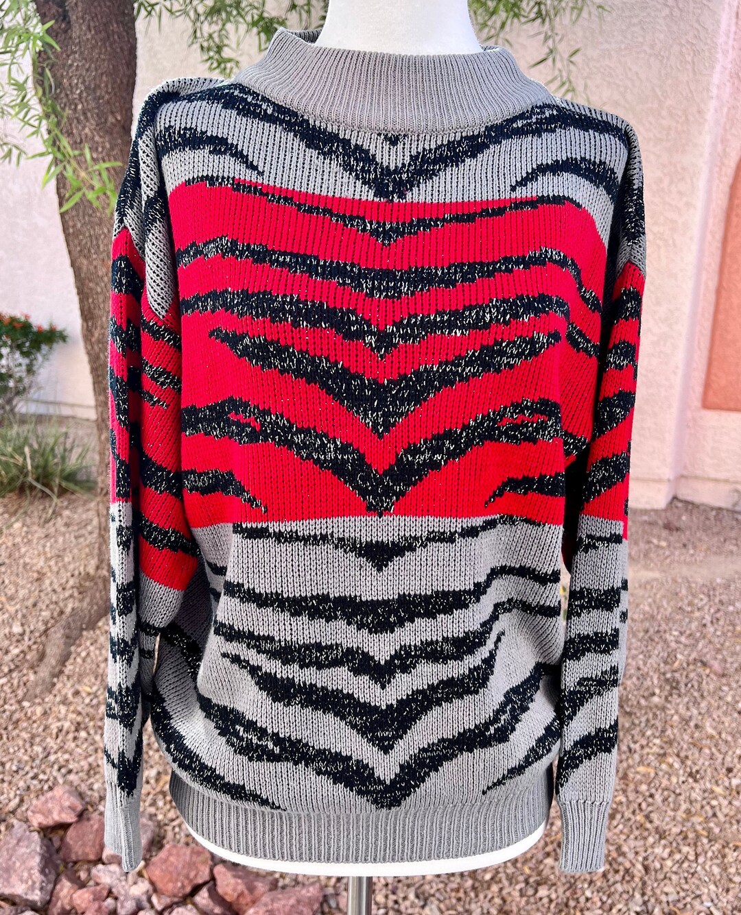 80s Grey Red Colorblock Tiger Stripe Lurex Sweater by Licorice Size M ...