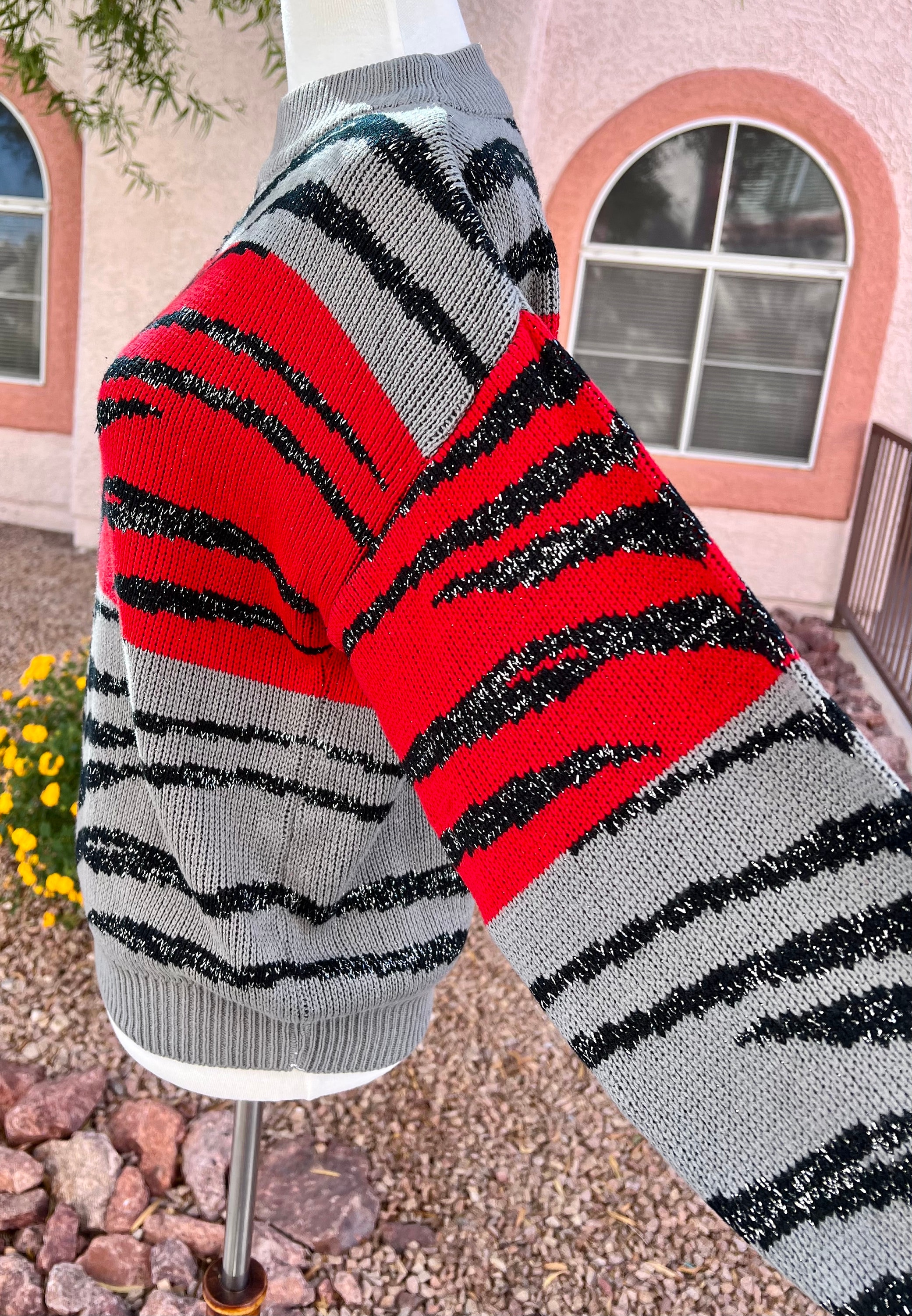 80s Grey Red Colorblock Tiger Stripe Lurex Sweater by Licorice Size M ...