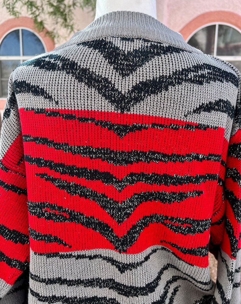 80s Grey Red Colorblock Tiger Stripe Lurex Sweater by Licorice Size M ...