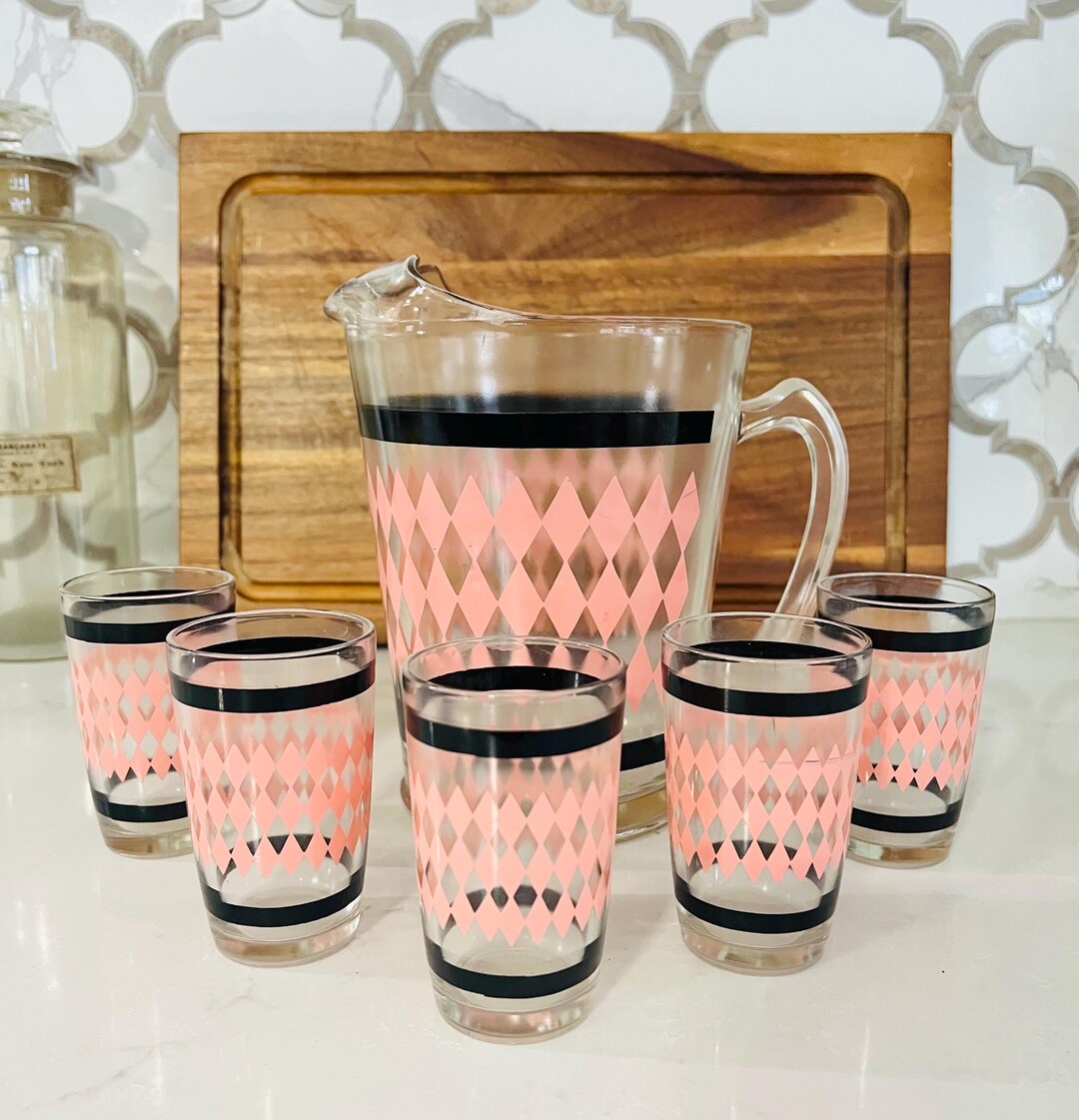 Vintage Hazel Atlas Harlequin Pink Argyle Pitcher and Juice Glasses Set ...