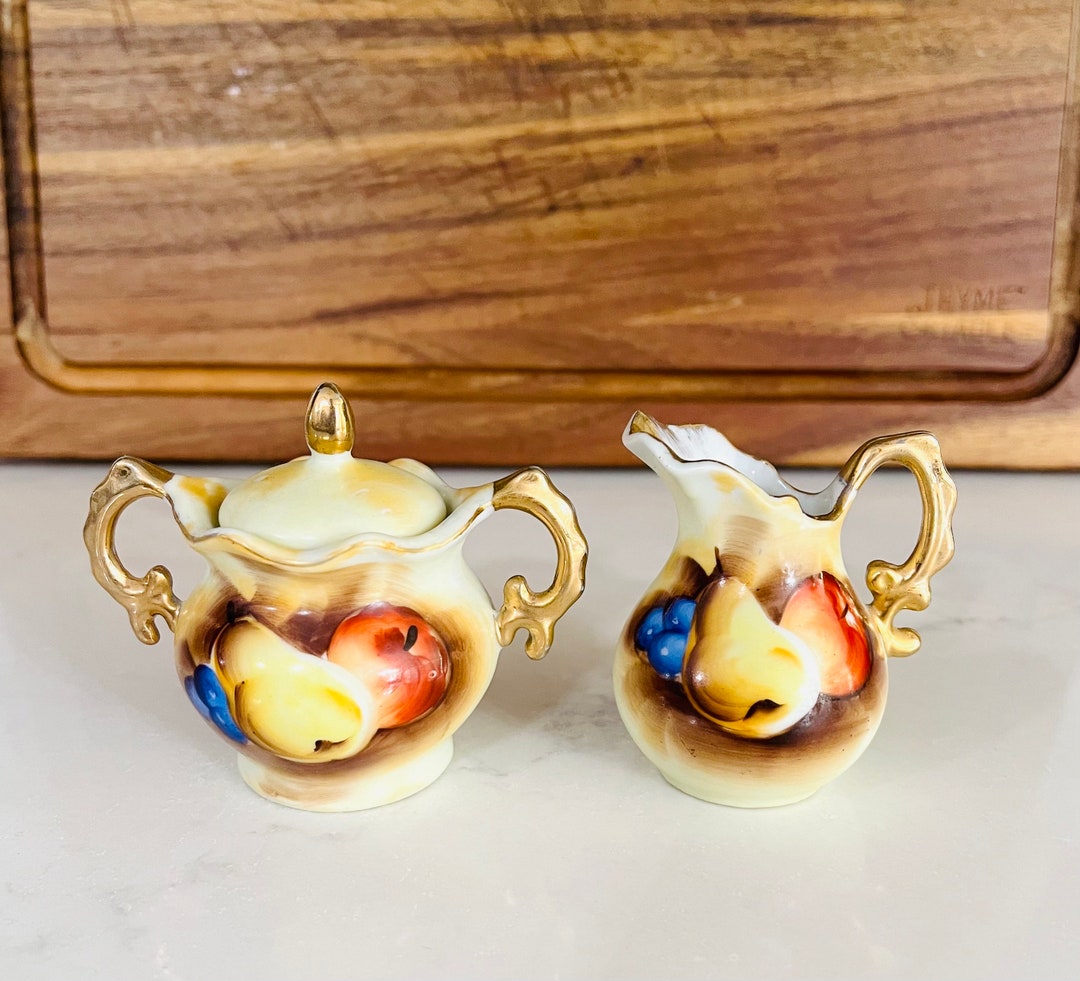 Vintage Enesco Mini Creamer and Sugar Bowl Set Fruit Pattern Model ...