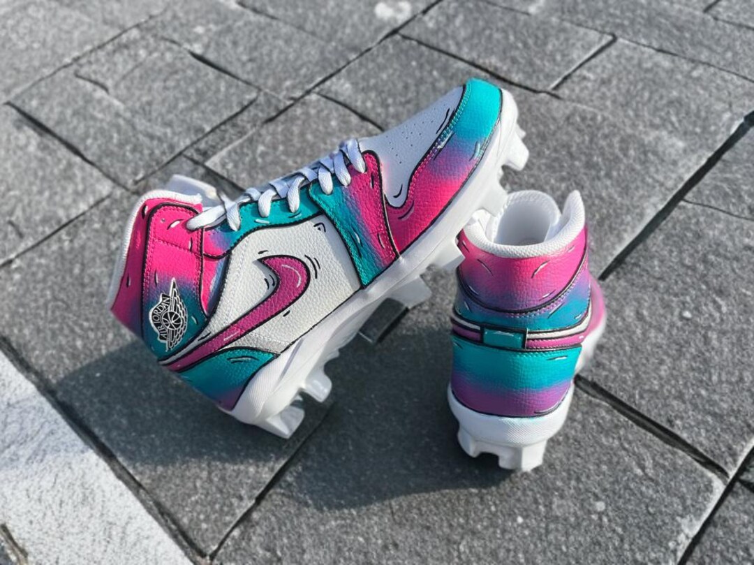Hand-painted Jordan 1 Mid Cleats | Custom Cartoon Outline | Softball ...