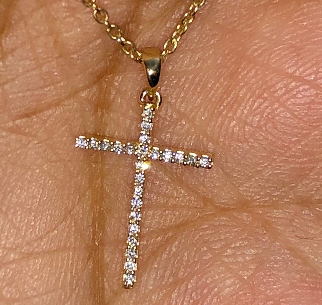 14k Solid Gold Cross Pendant Necklace, Real Diamond Cross Necklace, 14k ...