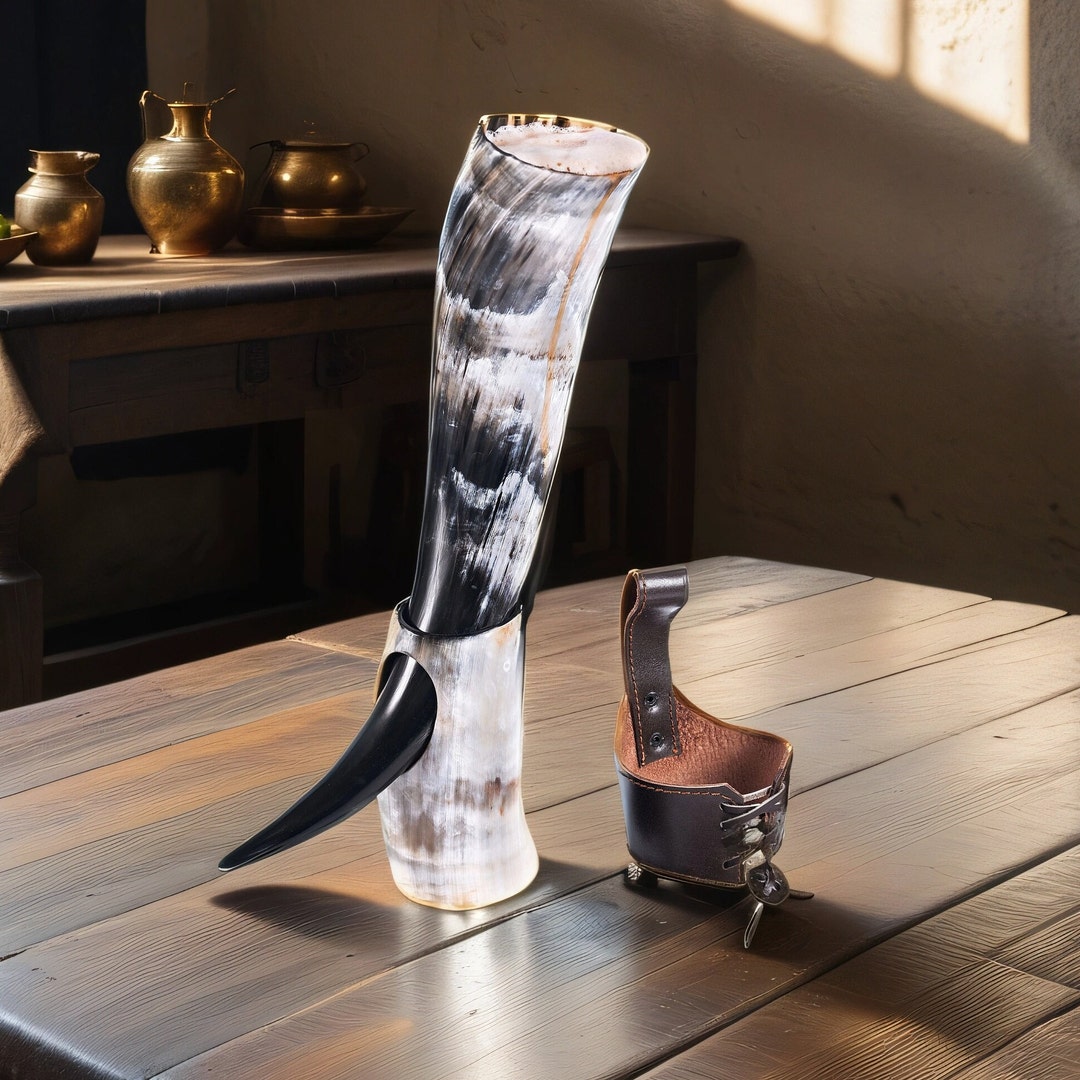 Handcrafted 20" Viking Drinking Horn With Horn Stand & Brown Leather ...