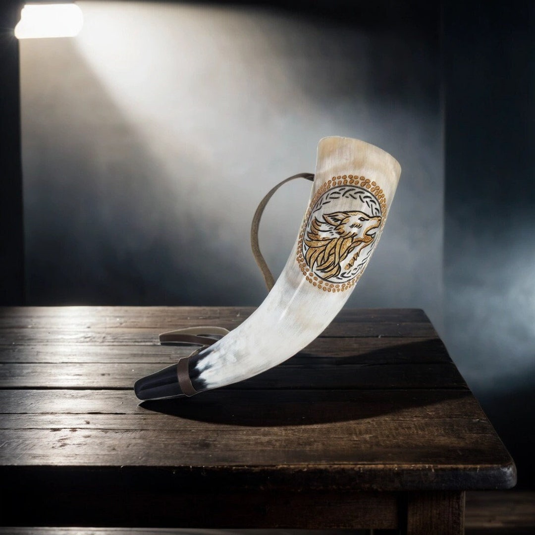 Viking War Horn – 12" Engraved With Norse Wolves - Crafted From ...
