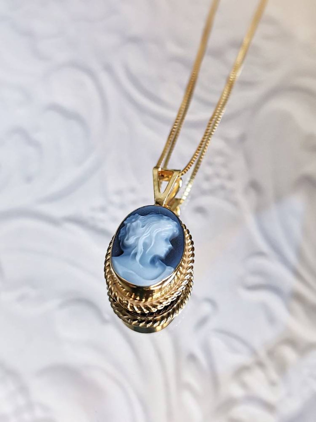 Blue Cameo Golden Necklace, Made in Italy, Gift for Her, Agate Cameo ...