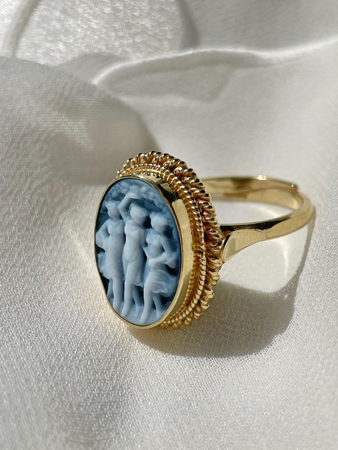 Blue Cameo Ring, 18K Gold, the Three Graces, Adjustable Ring, Silver ...