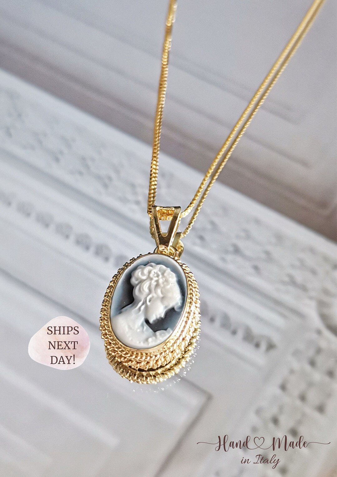 Blue cameo golden necklace, silver sterling, made in Italy, gift for ...