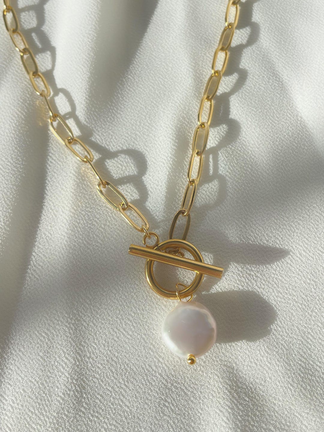 Cable Link Chain Necklace, Pearl Pendant, 18k Gold Necklace, Waterproof ...
