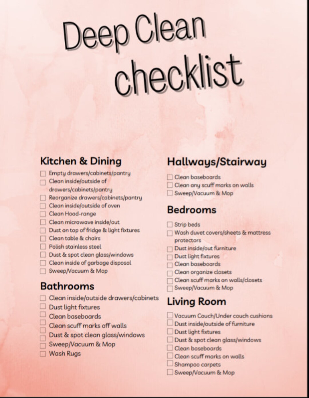Deep Clean Checklist - Etsy