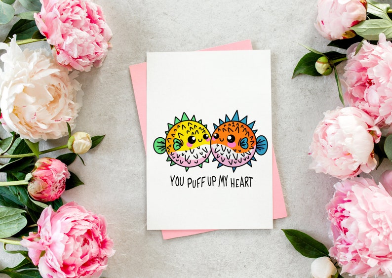 Hand Drawn Puffer Fish Valentine Card, Anniversary Love Pun (digital ...