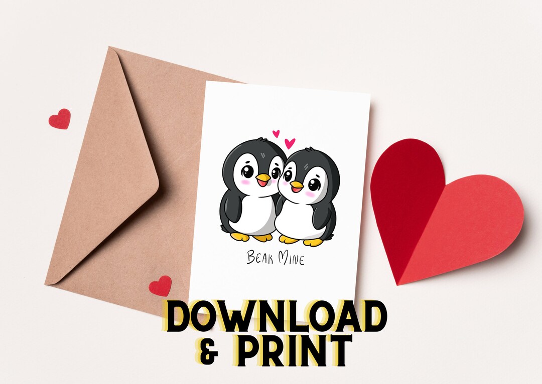 Penguin Valentine's Day Card: Beak Mine Pun, Printable (digital ...