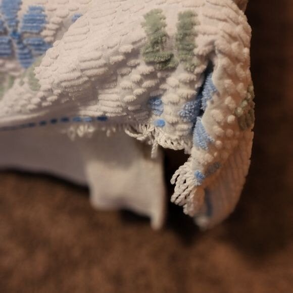 Vintage Chenille Blue Floral Squares Repeating W Fringed Ends 100x74 ...