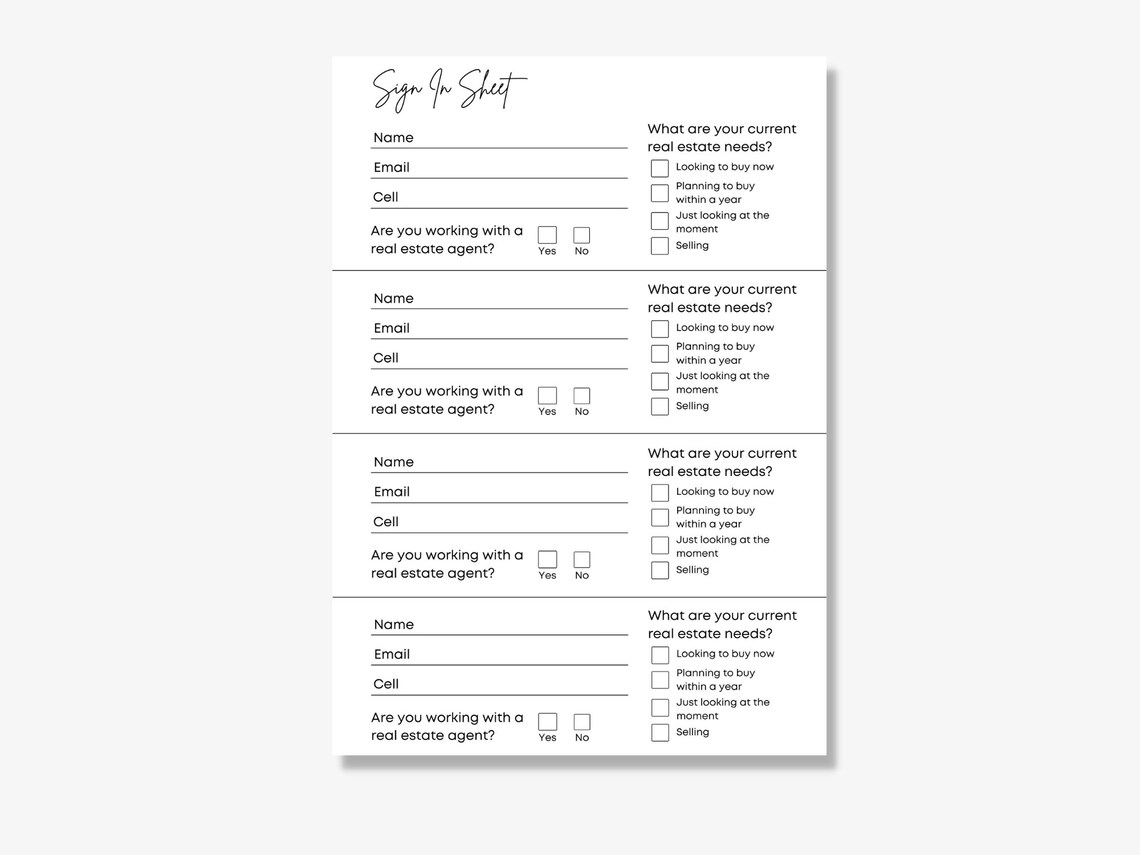 Real Estate Printables. Real Estate Sign in Sheet. Open House Sign in ...
