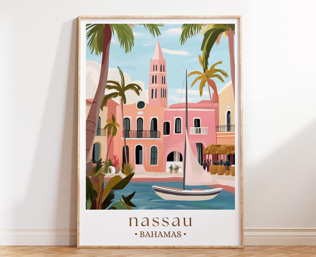 Nassau Bahamas Travel Poster, Tropical Island Art, Caribbean Beach ...