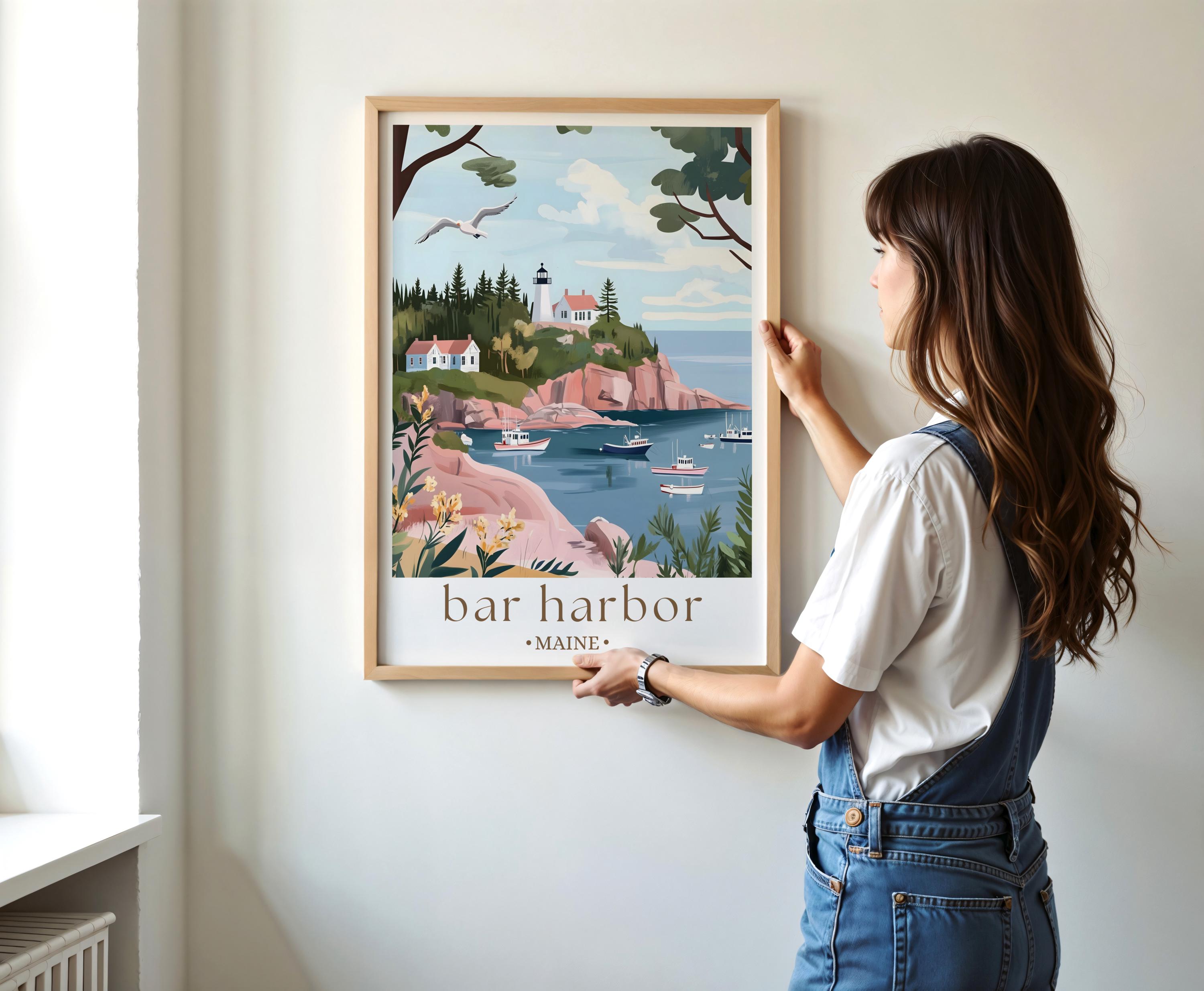 Bar Harbor Maine Coastal Art Print, Acadia Travel Poster, Nautical Wall ...