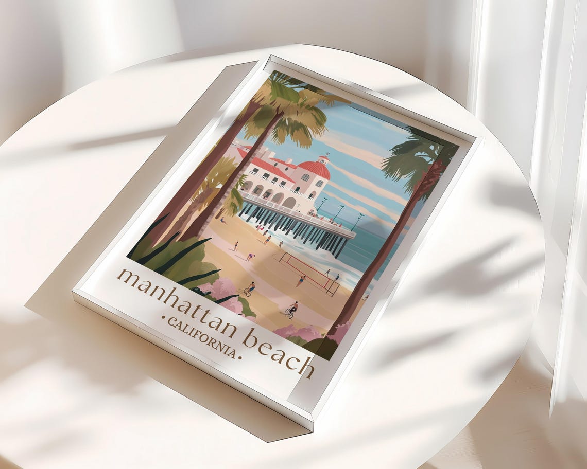 Manhattan Beach Print, California Coastal Poster, Surf Town Wall Art ...