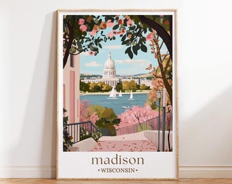 Madison Wisconsin Travel Poster: Capitol Building & Lakeside City Art ...