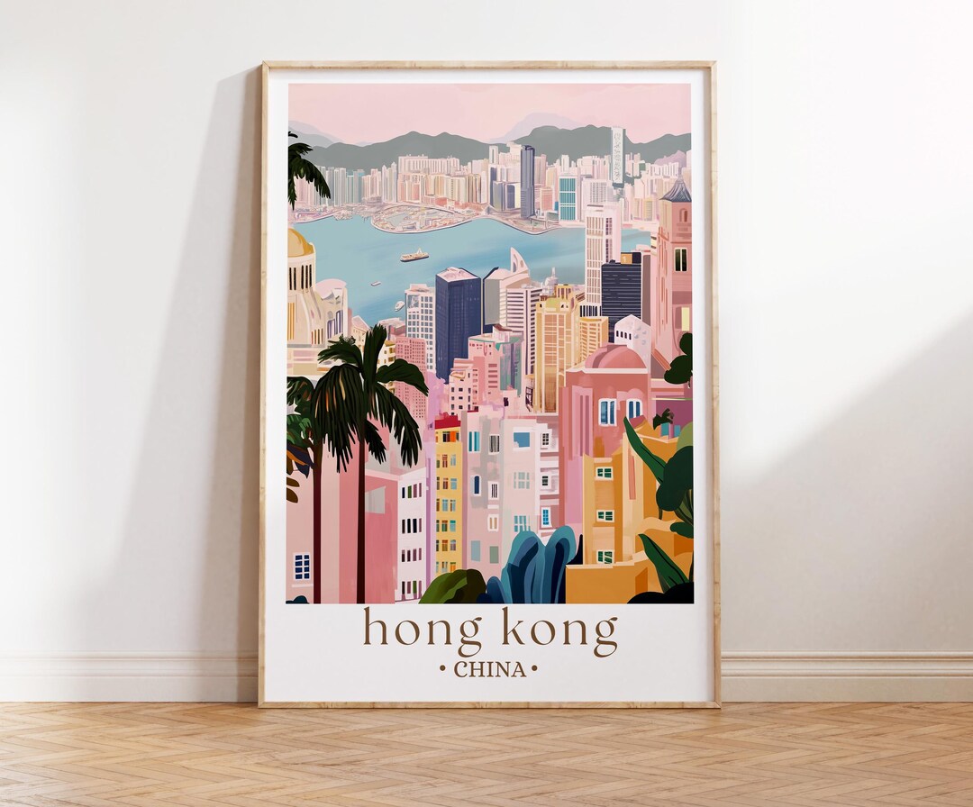Hong Kong Skyline Travel Poster, Retro Cityscape Art, Home Decor ...