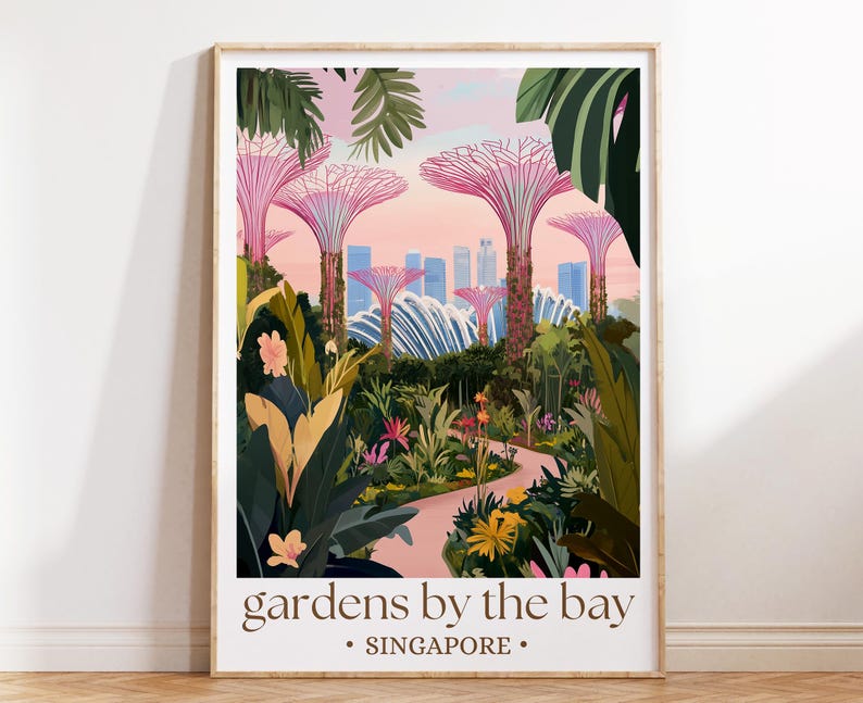 Gardens by the Bay Travel Poster, Singapore Skyline Print, Iconic ...