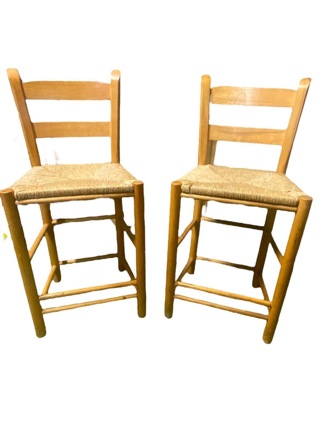 Vintage 24 Solid Wood Thumb Back Rush Seating Bar Stools - Etsy