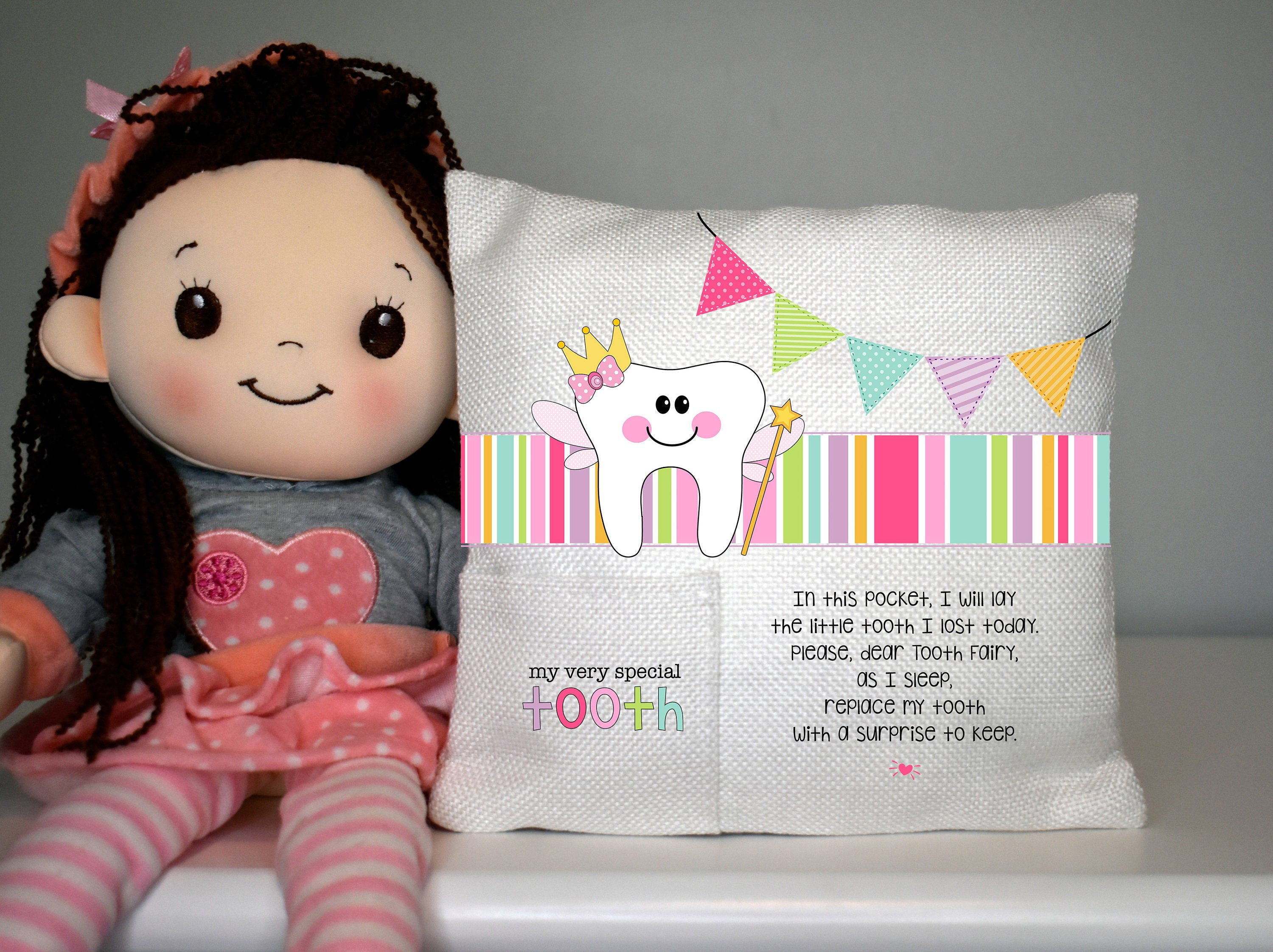 TOOTH FAIRY PILLOW 8x8 Includes Tooth Tracker Chart, Tooth Fairy ...